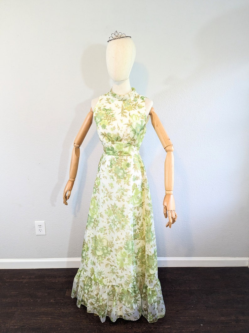 1970s Lorrie Deb Green Floral Maxi Dress With Huge Keyhole Back ...