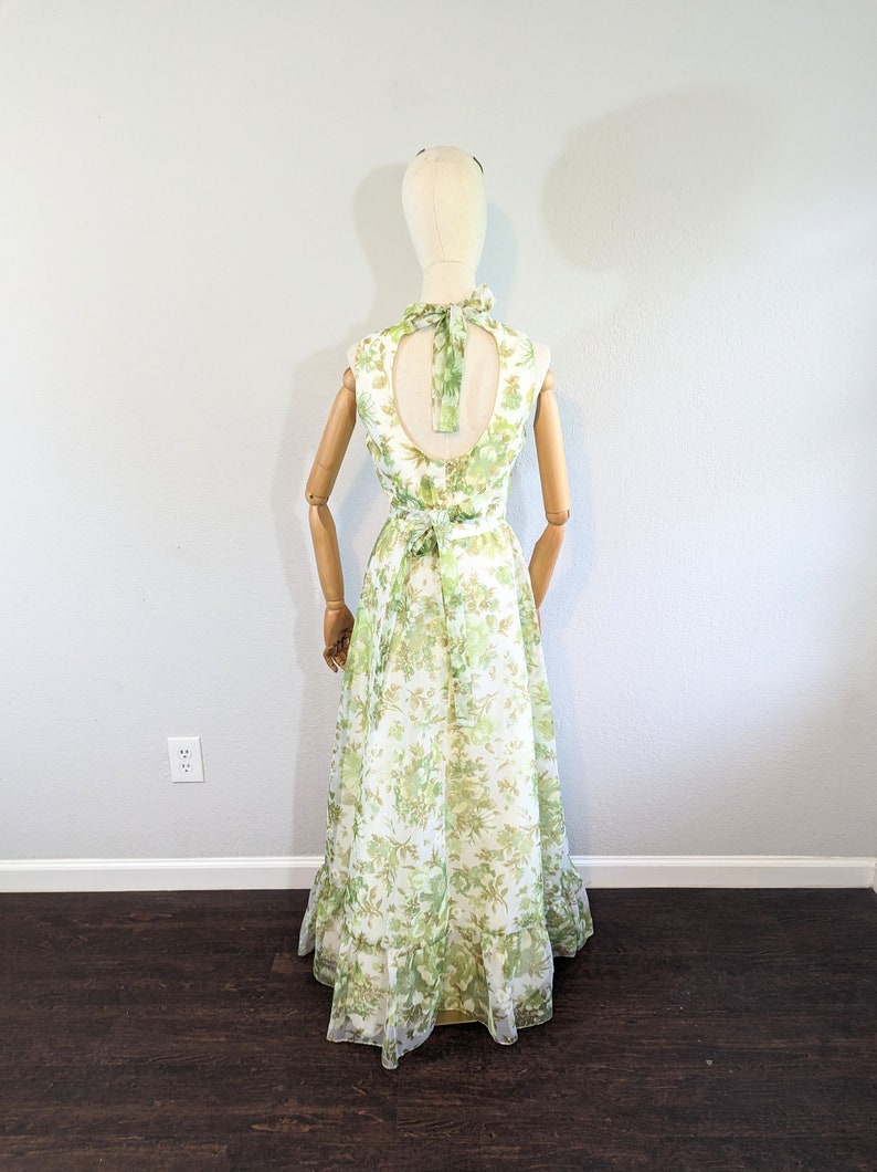 1970s Lorrie Deb Green Floral Maxi Dress With Huge Keyhole Back ...