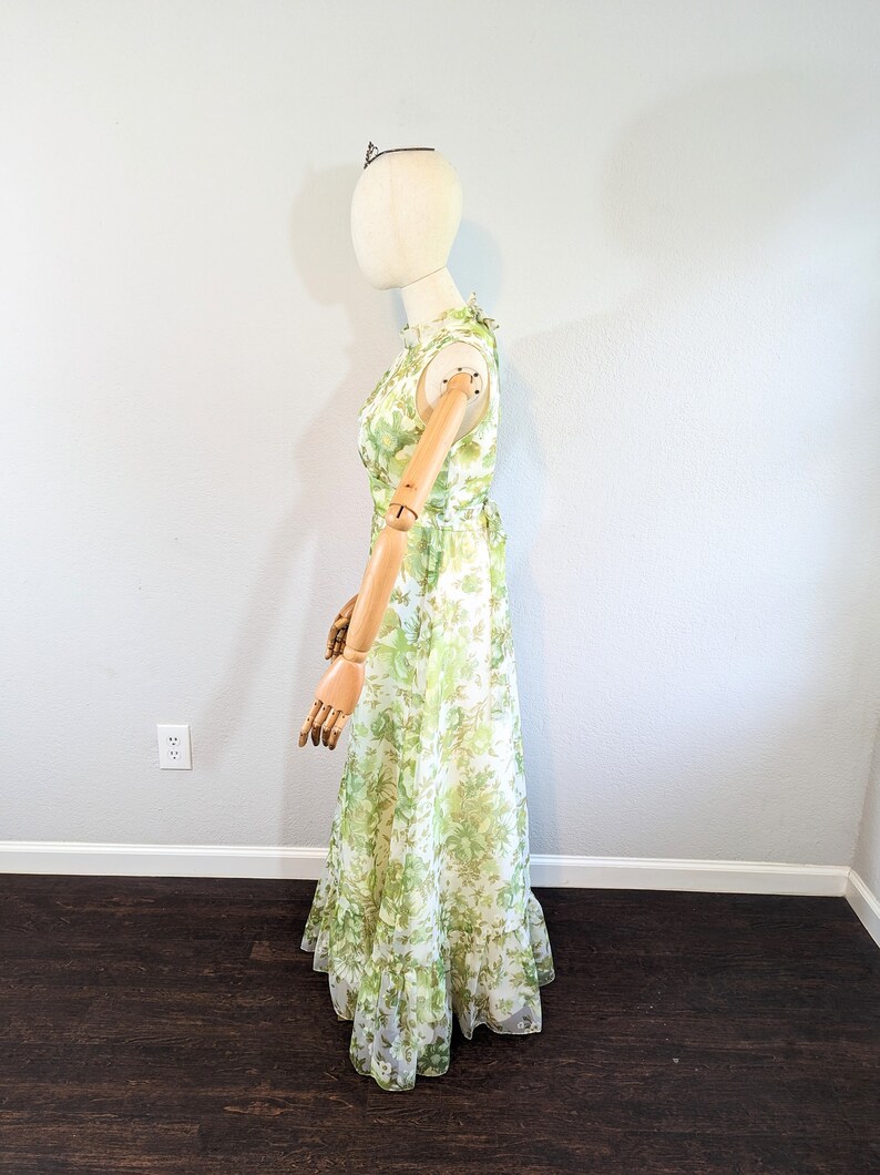 1970s Lorrie Deb Green Floral Maxi Dress With Huge Keyhole Back ...