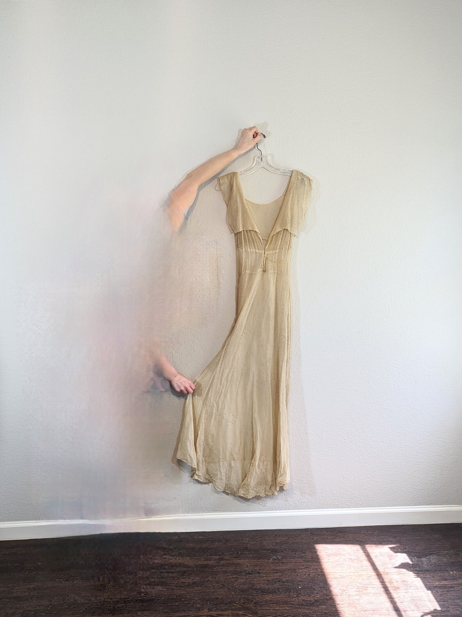 1930s Beige Silk Chiffon Gelatin Sequin Sheer Evening Gown // Extra ...
