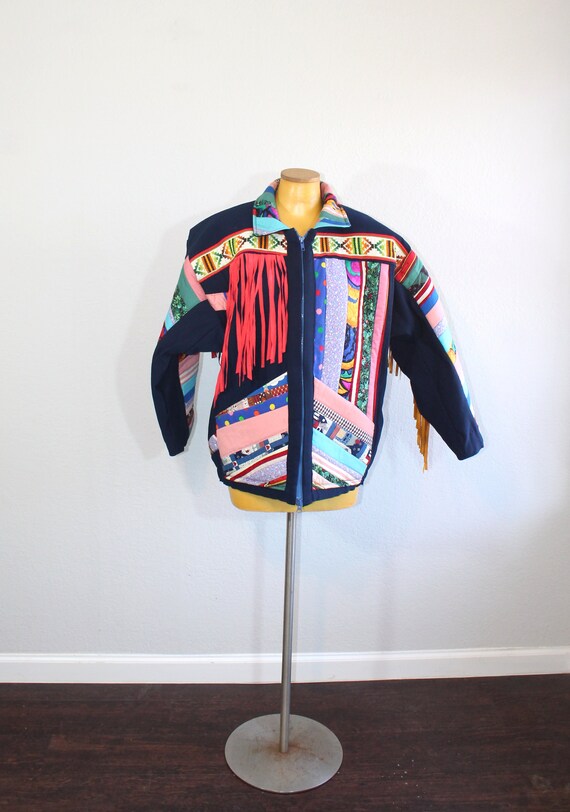 1990s Quilt Patchwork Jacket with Suede Fringe // Lar… - Gem