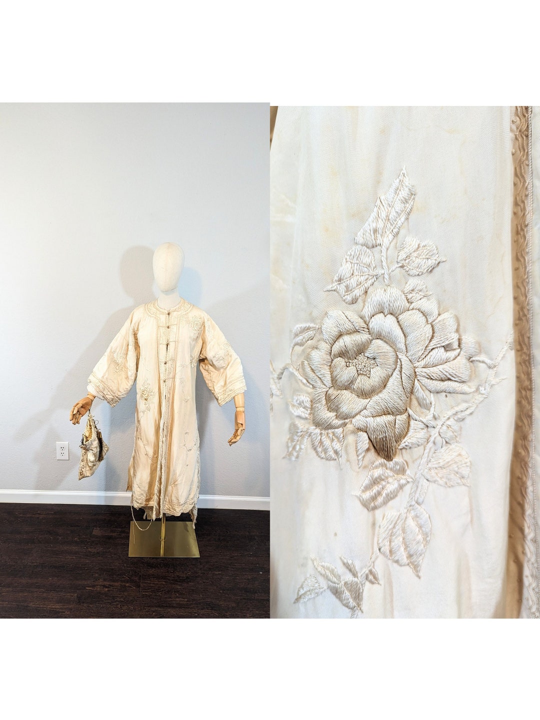 Antique Chinese Embroidered Cream Silk Robe & Matching Dragon Jade ...