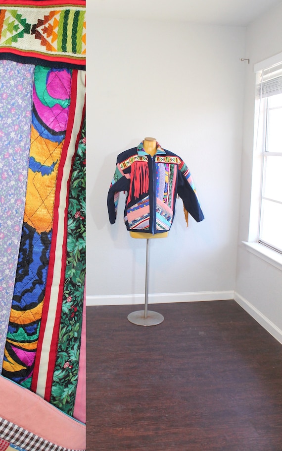 1990s Quilt Patchwork Jacket with Suede Fringe // Lar… - Gem