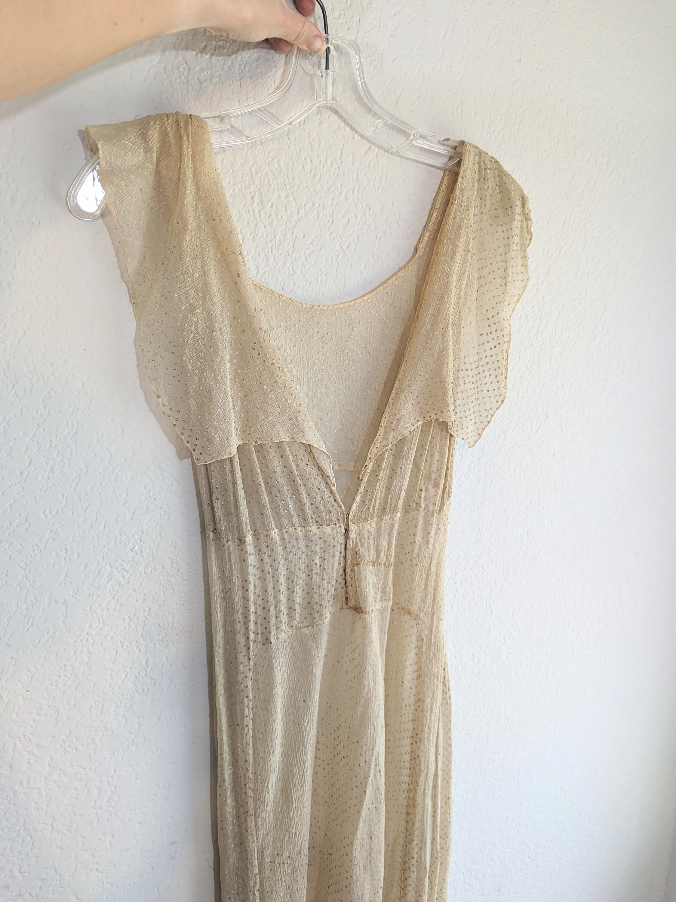 1930s Beige Silk Chiffon Gelatin Sequin Sheer Evening Gown // Extra ...