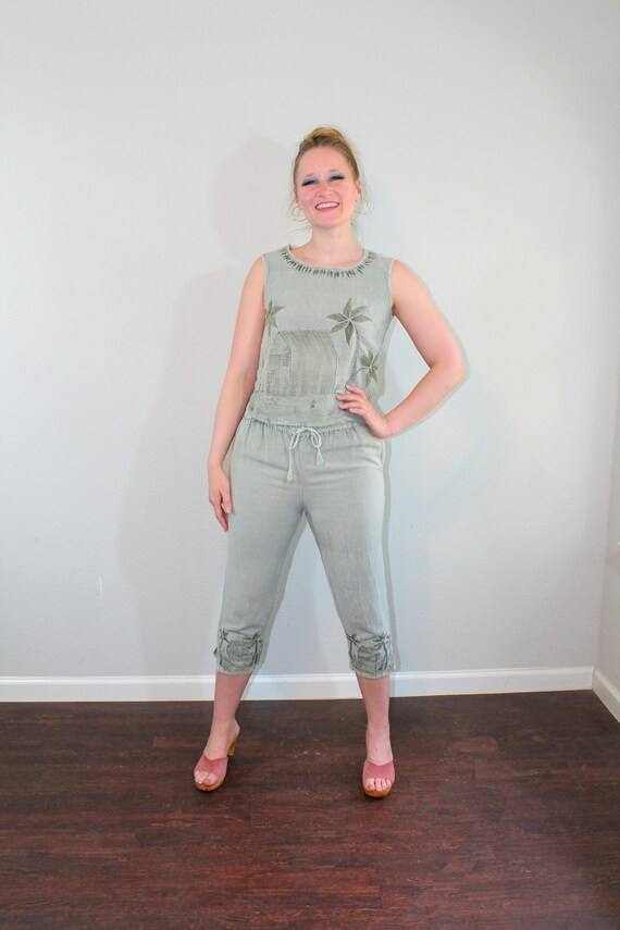 1990s Hand Painted Raya Sun Tropical Capri Pant Set /… - Gem