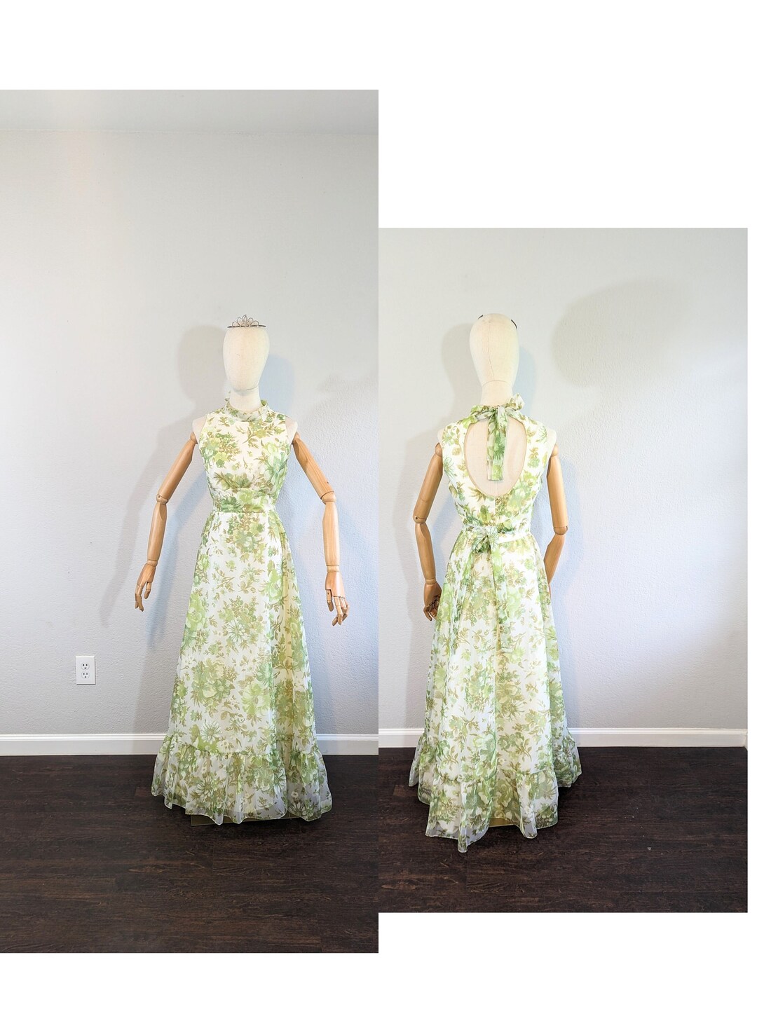 1970s Lorrie Deb Green Floral Maxi Dress With Huge Keyhole Back ...