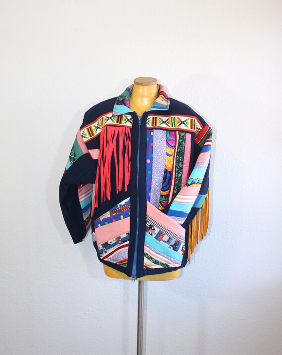 1990s Quilt Patchwork Jacket with Suede Fringe // Lar… - Gem