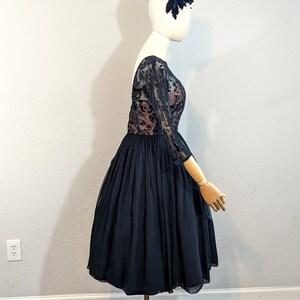 1950s Sandra Sage Black + Pink Devore Velvet + Silk Chiffon Party Dress ...