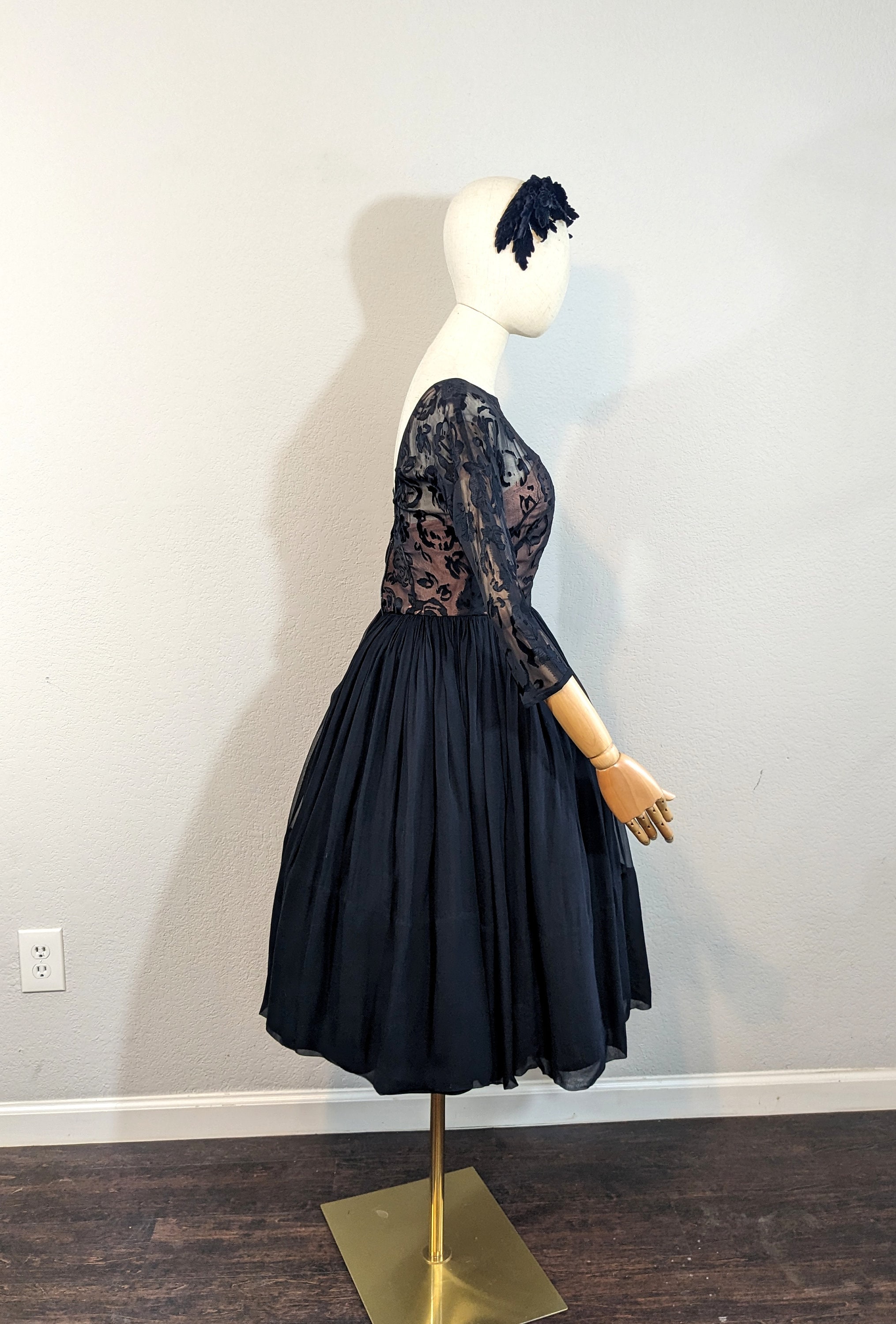 1950s Sandra Sage Black Pink Devore Velvet Silk Chiffon Party Dress ...