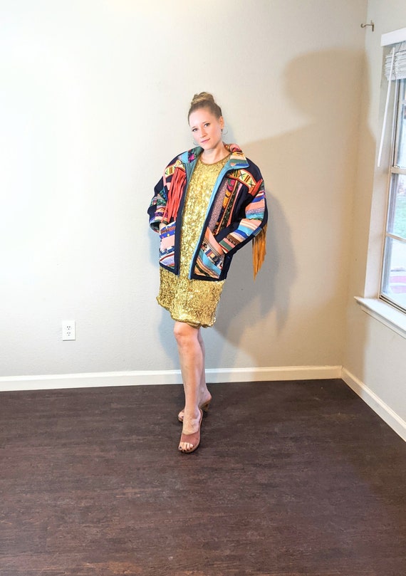 1990s Quilt Patchwork Jacket with Suede Fringe // Lar… - Gem