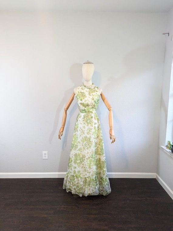 1970s Lorrie Deb Green Floral Maxi Dress with Huge Ke… - Gem