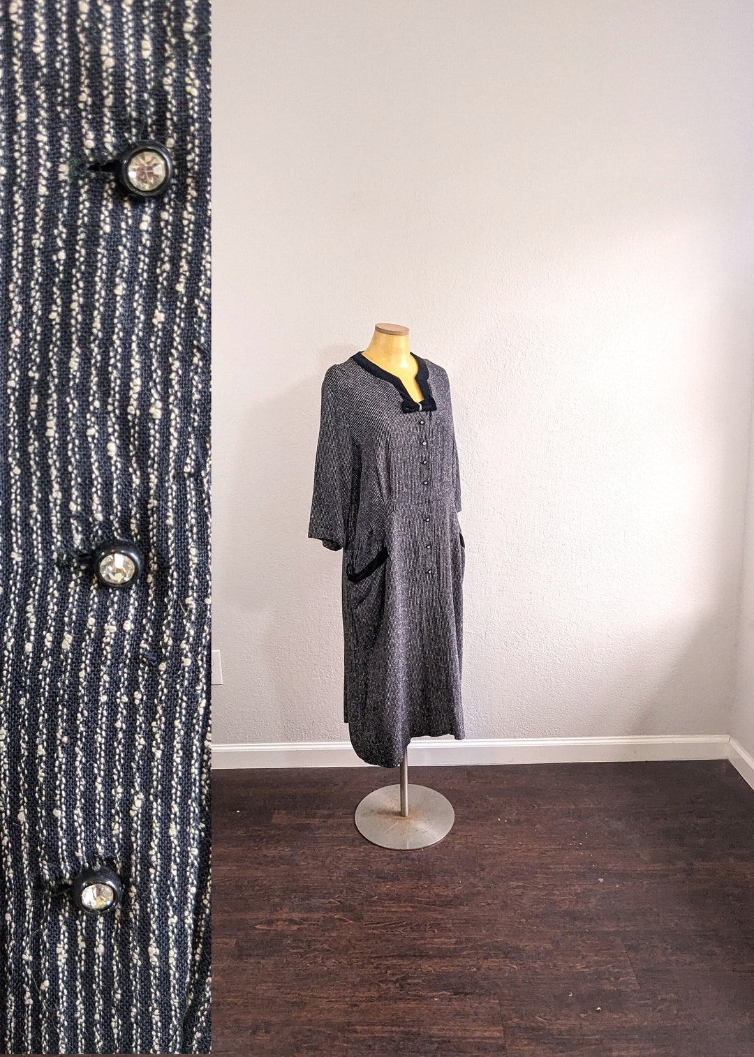 1940s Korell Black Striped Shirtdress With Rhinestone Buttons // Extra ...