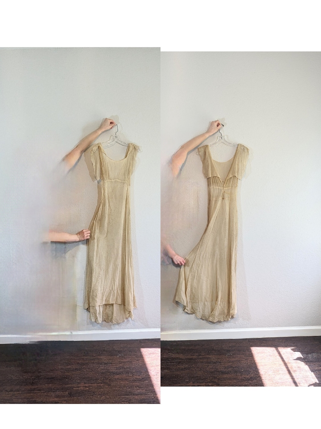 1930s Beige Silk Chiffon Gelatin Sequin Sheer Evening Gown // Extra ...