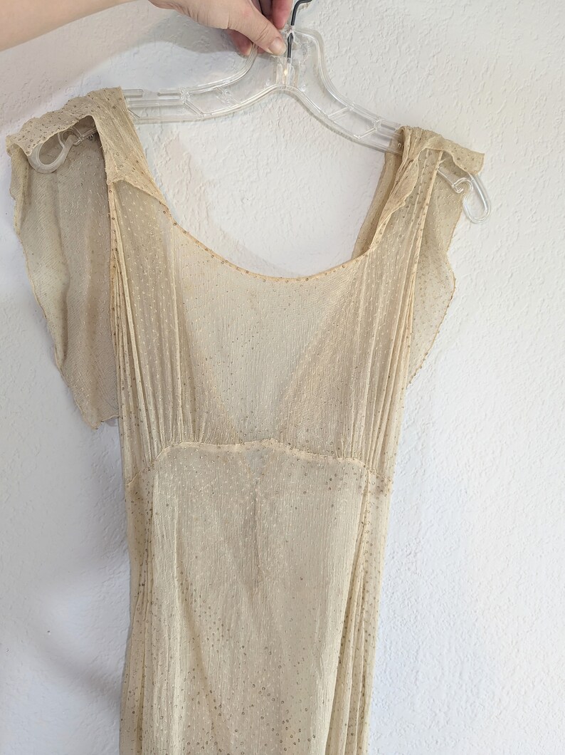 1930s Beige Silk Chiffon Gelatin Sequin Sheer Evening Gown // Extra ...