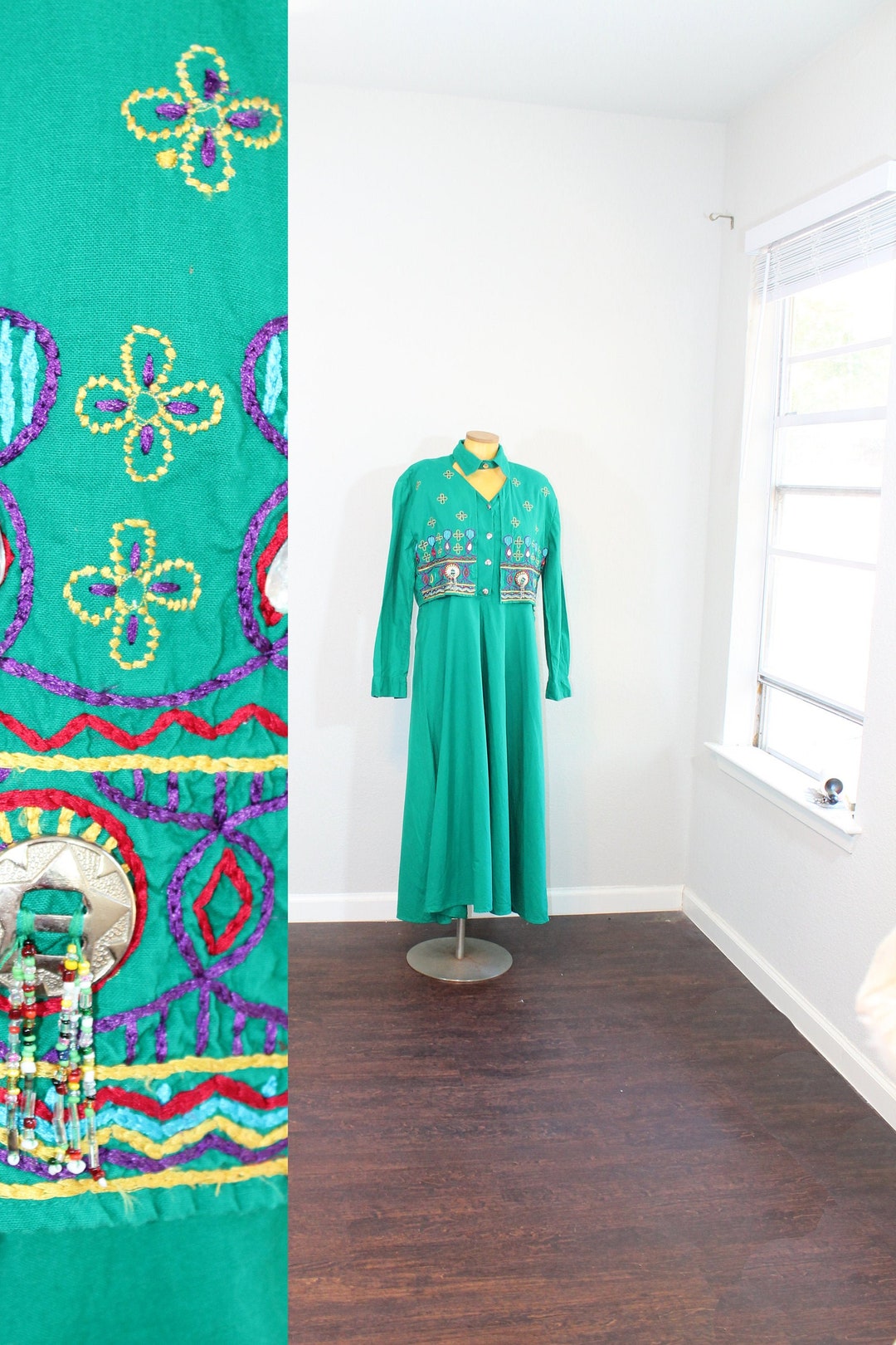 1980s Green Embroidered Country Western Dress // Two Step Dressin ...