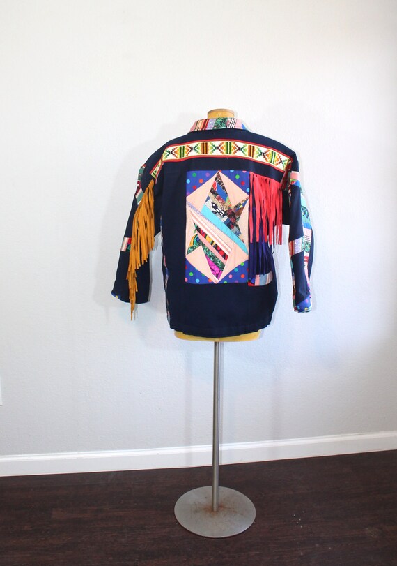 1990s Quilt Patchwork Jacket with Suede Fringe // Lar… - Gem