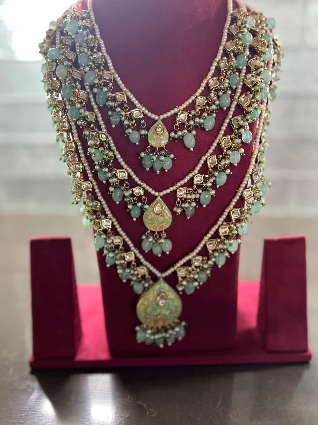 Handmade Jadau Kundan Satlada Necklace With Pearls and Green Beads - Etsy