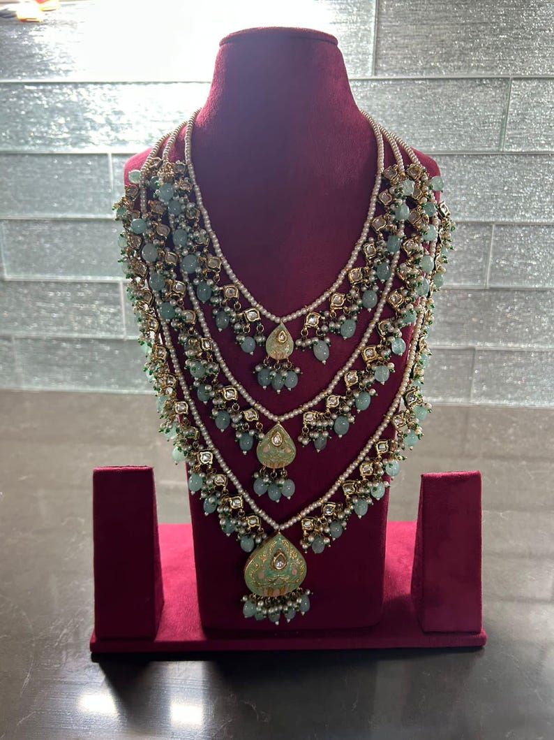 Handmade Jadau Kundan Satlada Necklace With Pearls and Green Beads - Etsy
