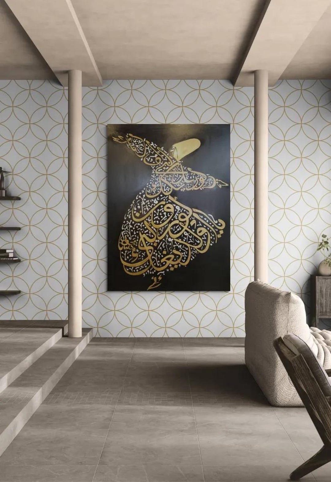 Whirling Dervish Calligraphy Art: Gold & White Arabic Script on Black ...