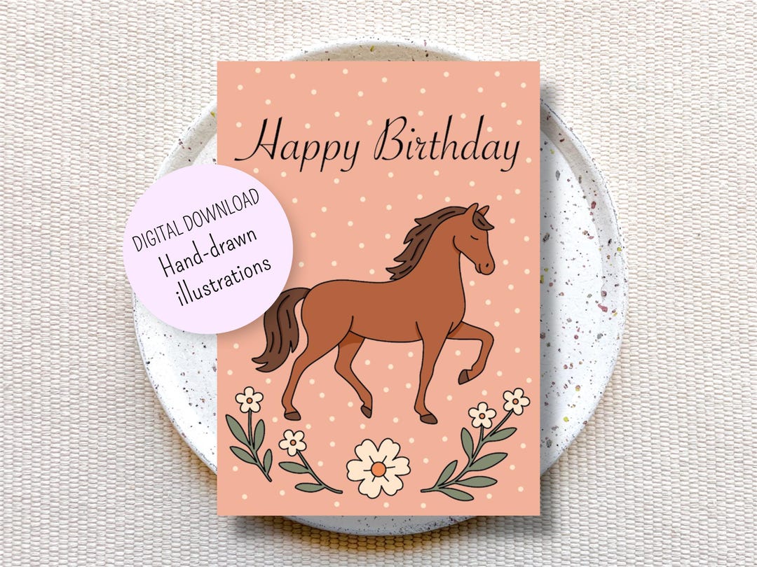 Printable Birthday Card for Horse Lover, Hand-drawn Birthday Card to ...