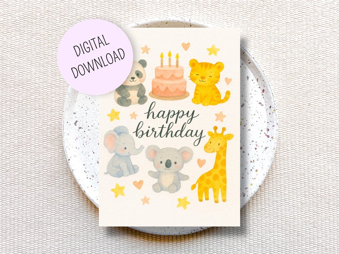Printable Animal Birthday Card for Children and Adults, Cute Jungle ...
