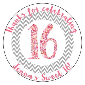 Sweet 16 Stickers - Pink Sweet 16 Party Labels - Gray 16th Birthday ...