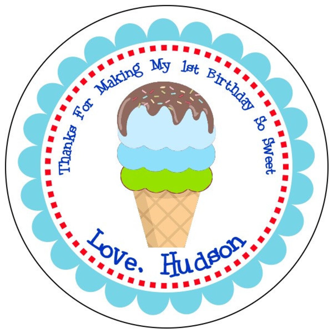 Ice Cream Birthday Labels - Blue Ice Cream Party Sticker - Sweet Party ...