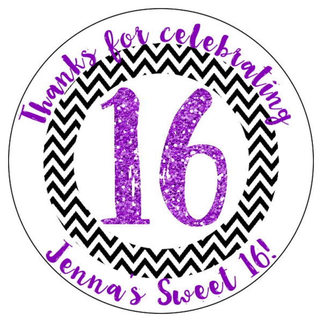 Sweet 16 Party Stickers - Purple Sweet 16 Birthday Labels - Black 16th ...
