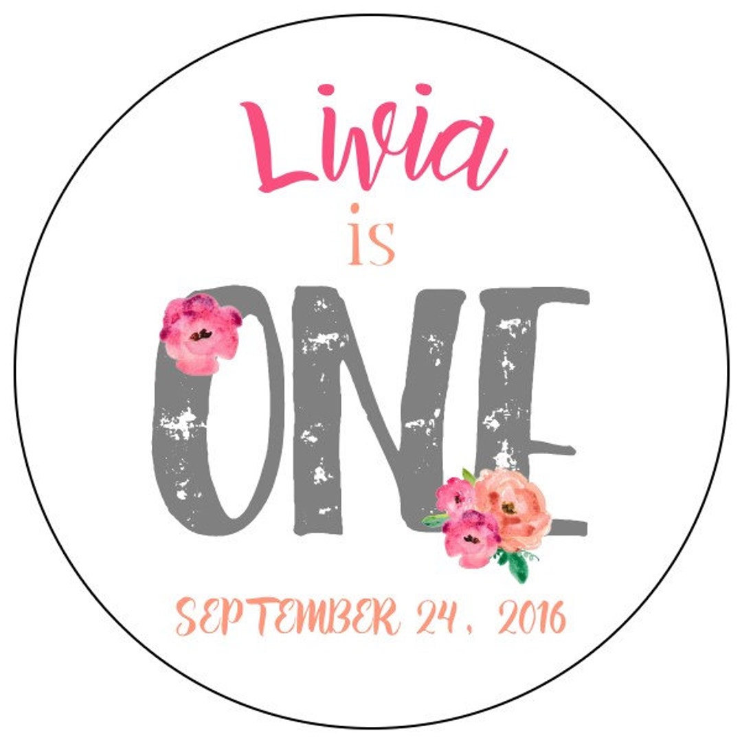 First Birthday Stickers - Floral Birthday Labels - Pink Gray Watercolor ...