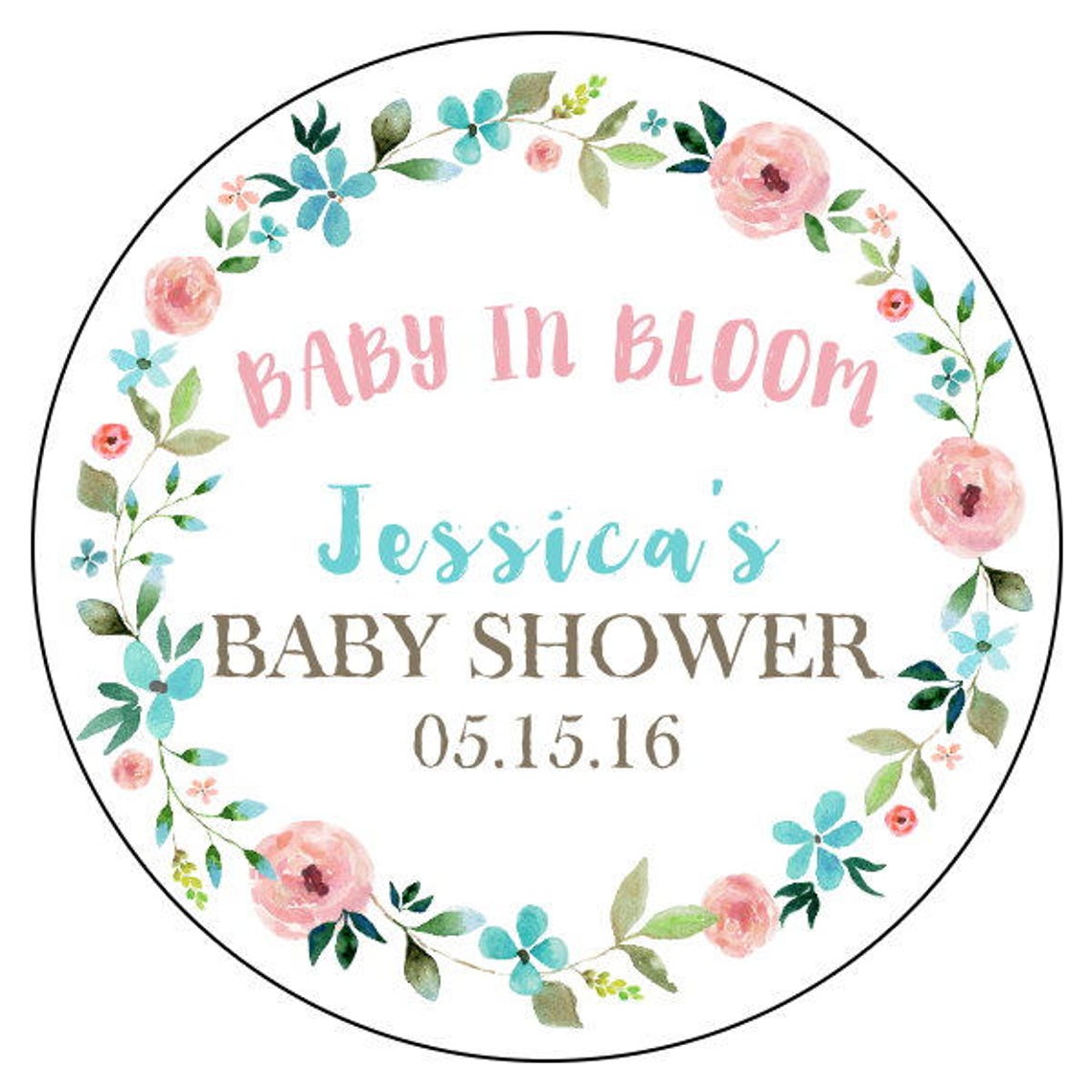 Baby in Bloom Stickers - Watercolor Floral Wreath Baby Shower Sticker ...