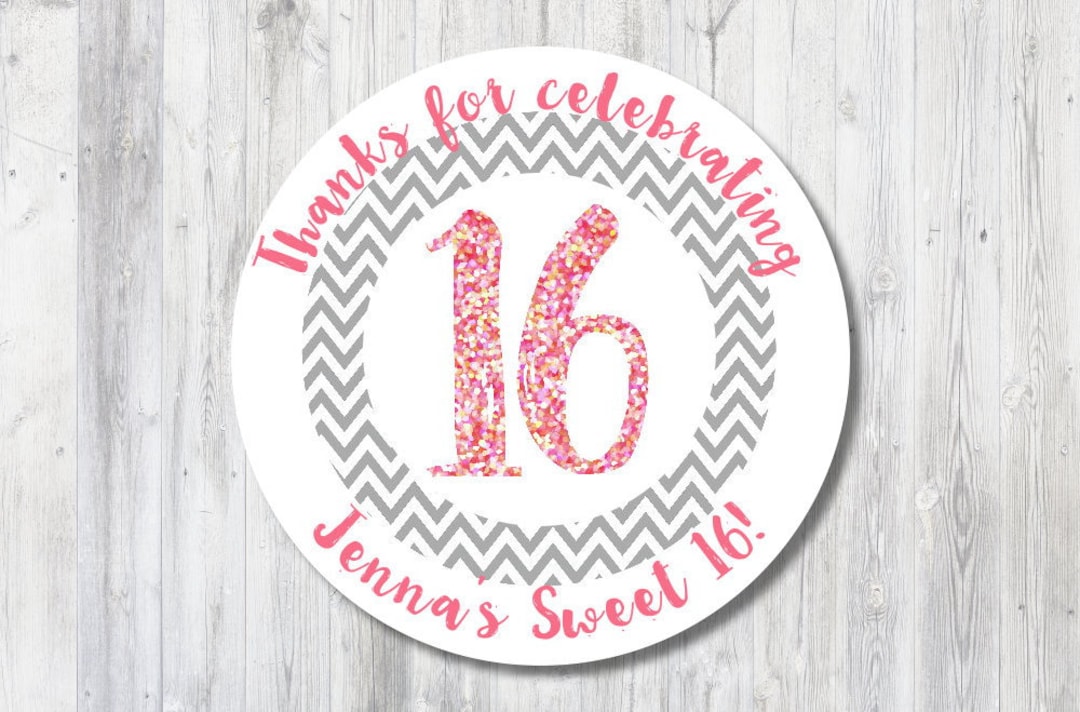 Sweet 16 Stickers - Pink Sweet 16 Party Labels - Gray 16th Birthday ...