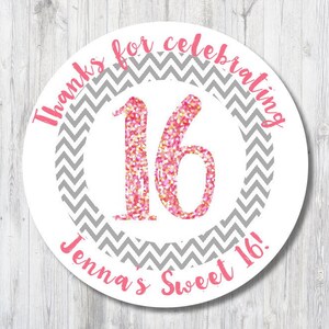 Sweet 16 Stickers - Pink Sweet 16 Party Labels - Gray 16th Birthday ...
