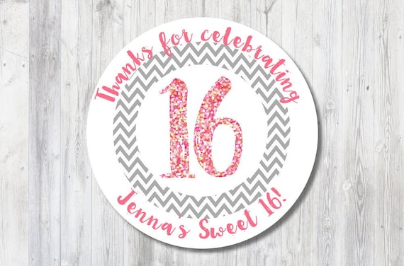 Sweet 16 Stickers Pink Sweet 16 Party Labels Gray 16th | Etsy