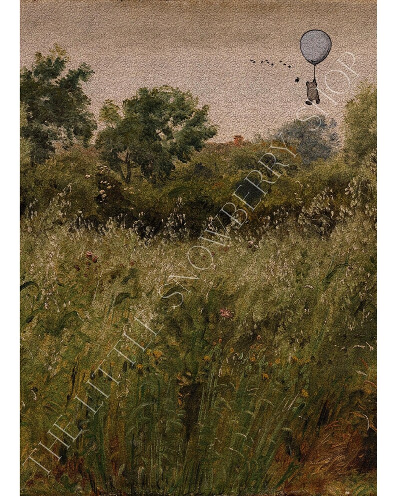 Winnie the Pooh Floating With Balloon | Cottagecore Field Digital Print | No AI Used - Etsy