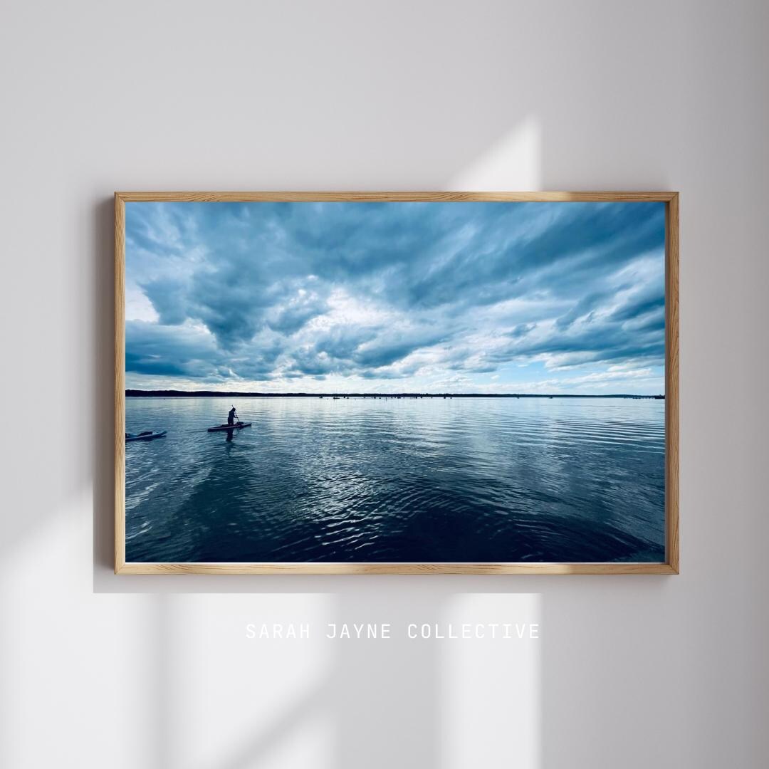 Calm Kayaking on a Cloudy Lake - Digital Wall Art Print, Blue Water ...