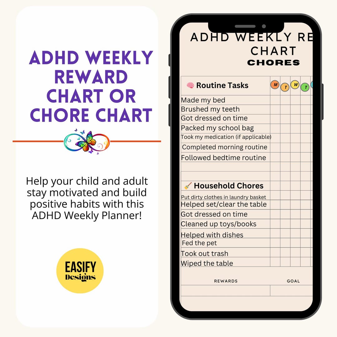 ADHD Chore and Reward Chart Printable Editable Canva Routine Tracker ...