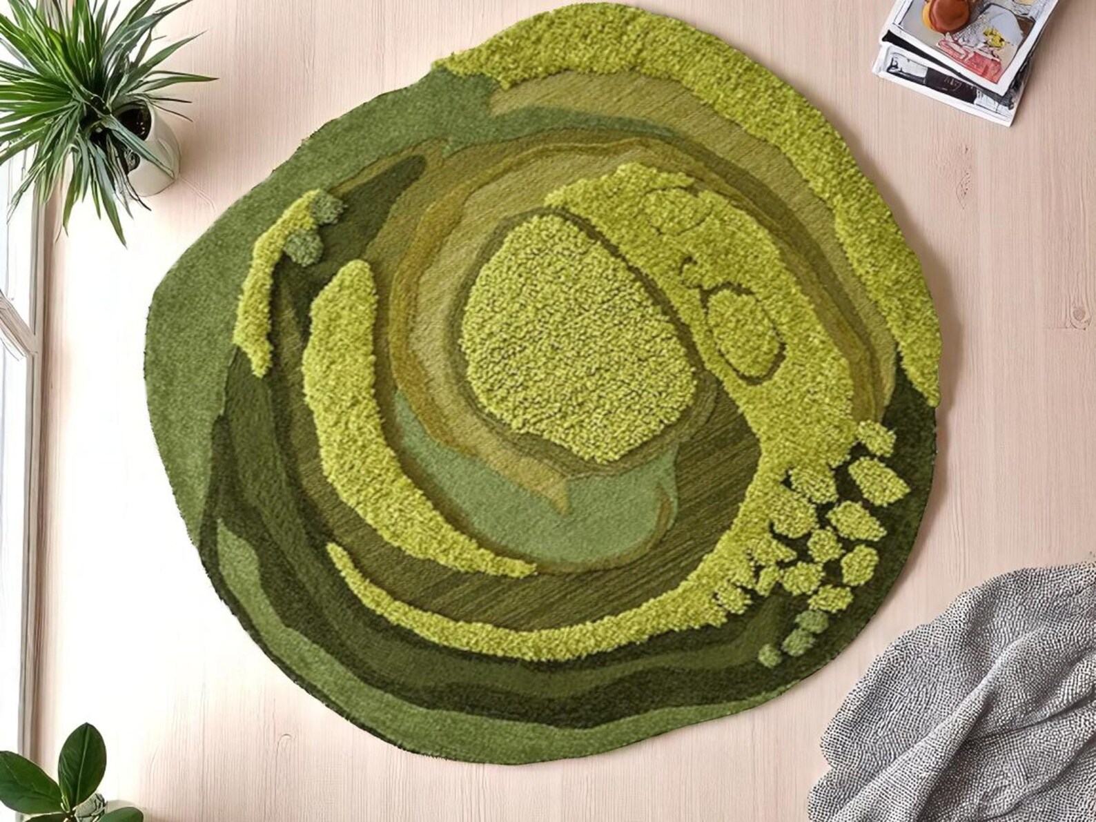 Green Wool Moss Rug: Circular Swirl Design - Fluffy Area Rug - Etsy