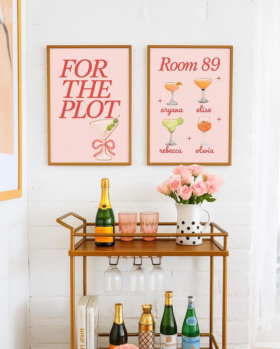Custom Bar Cart Wall Prints; Pink Theme Bar Cart; Bar Cart Art; Dorm ...