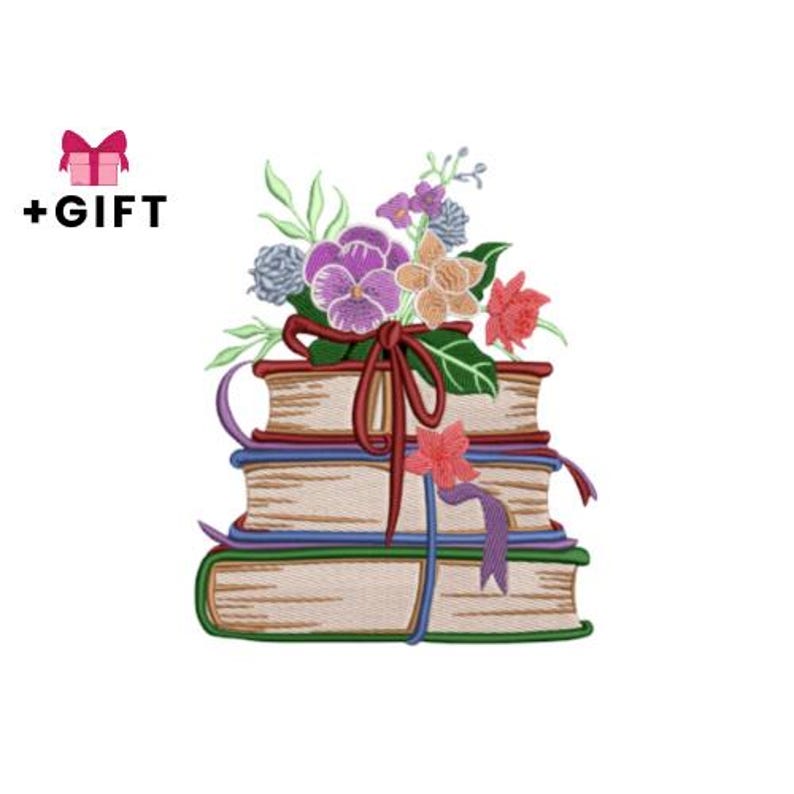 Floral Book Stack Machine Embroidery Design - Education Design for ...