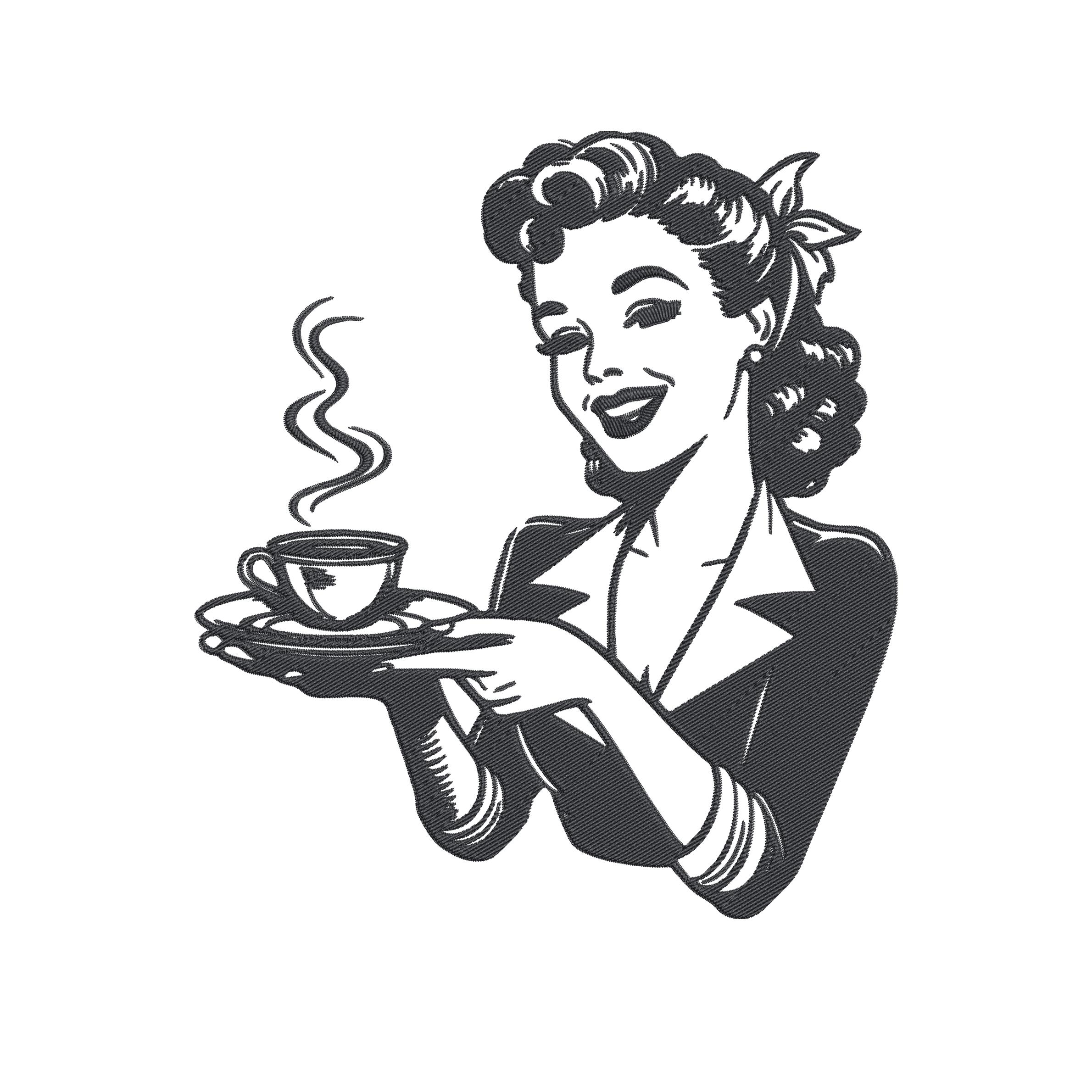 Coffee Embroidery Design, Retro Woman With A Drink Machine Embroidery ...