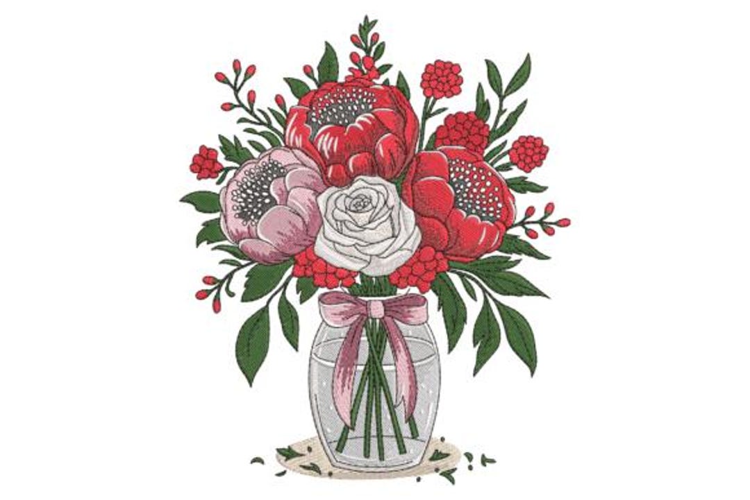 Flowers Embroidery Design, Floral Bouquet, Peony & Rose Machine ...