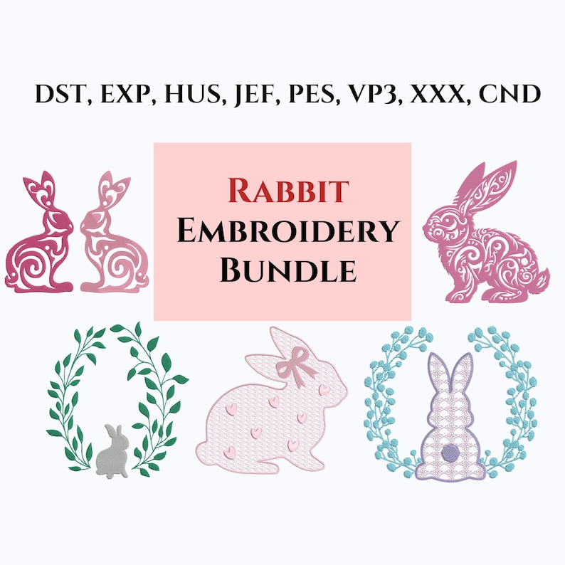 Rabbit Embroidery Design Kit - 5 Bunny Machine Embroidery Designs Set ...