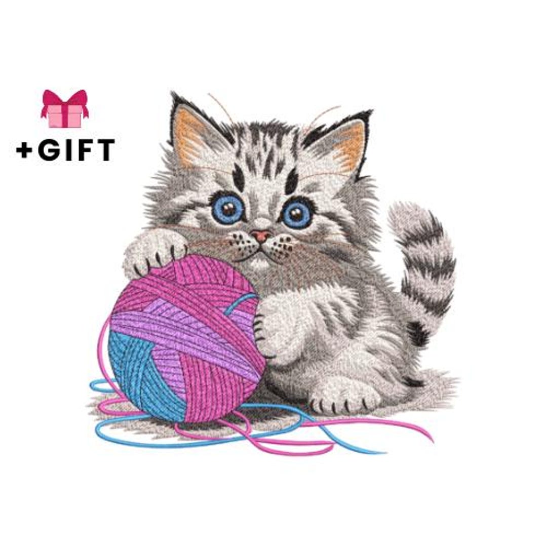 Knotty Kitten Machine Embroidery Design - Cute Gray Grey Cat With Pink ...