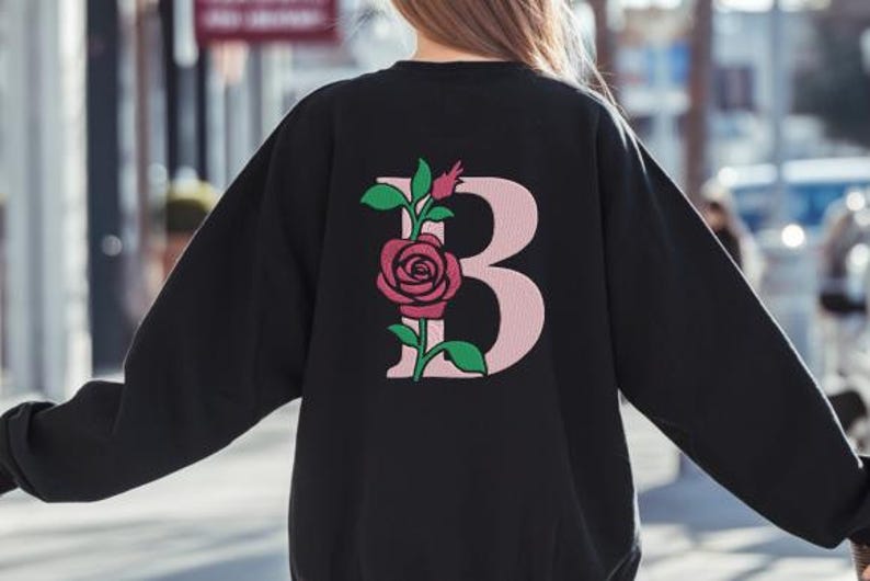 B Monogram Embroidery Design, Letter B With Rose Machine Embroidery ...