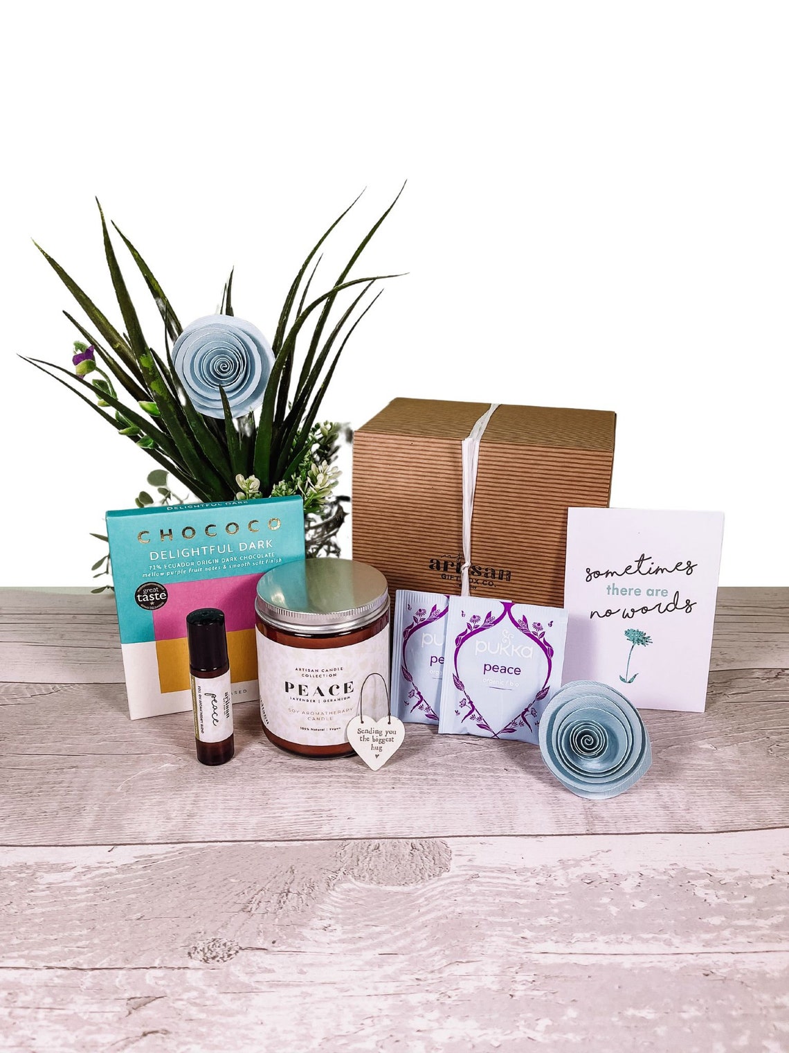 Self Care Grief Sympathy Gift Hamper | Hug in a Box | Peace Candle Blue ...