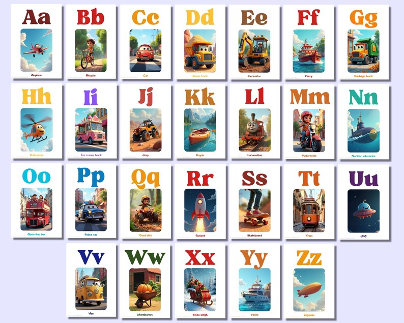 Transport Alphabet Flashcards: Vehicle ABC Learning Cards for Toddlers ...