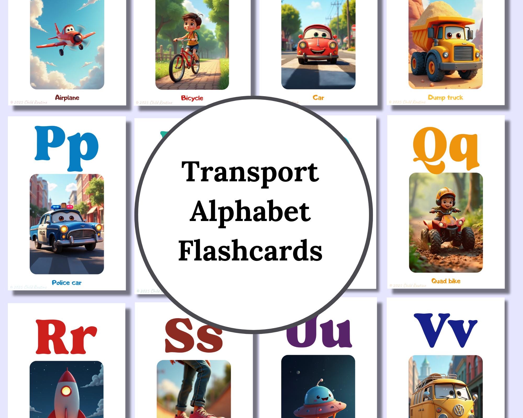 Transport Alphabet Flashcards: Vehicle ABC Learning Cards for Toddlers ...
