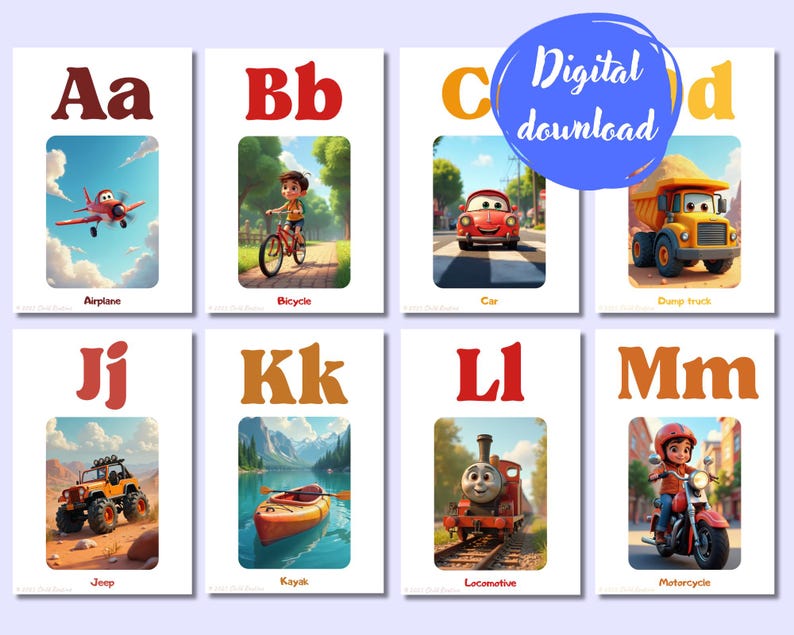 Transport Alphabet Flashcards: Vehicle ABC Learning Cards for Toddlers ...
