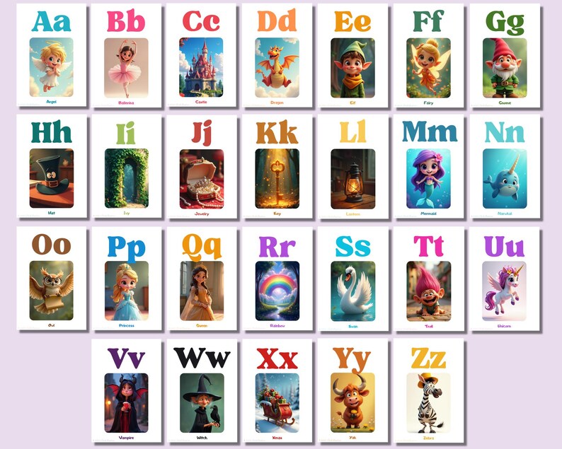 CARTOON ALPHABET Flashcards for Girls Kids ABC Learning Cards Toddlers ...