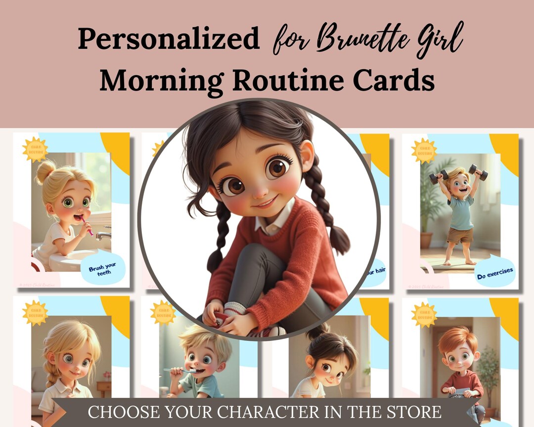 Personalized Morning Routine Cards: Dark-haired Girl Visual Schedule ...